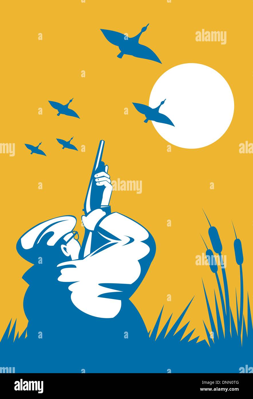 illustration of a hunter aiming shotgun rifle gun at ducks geese done ...