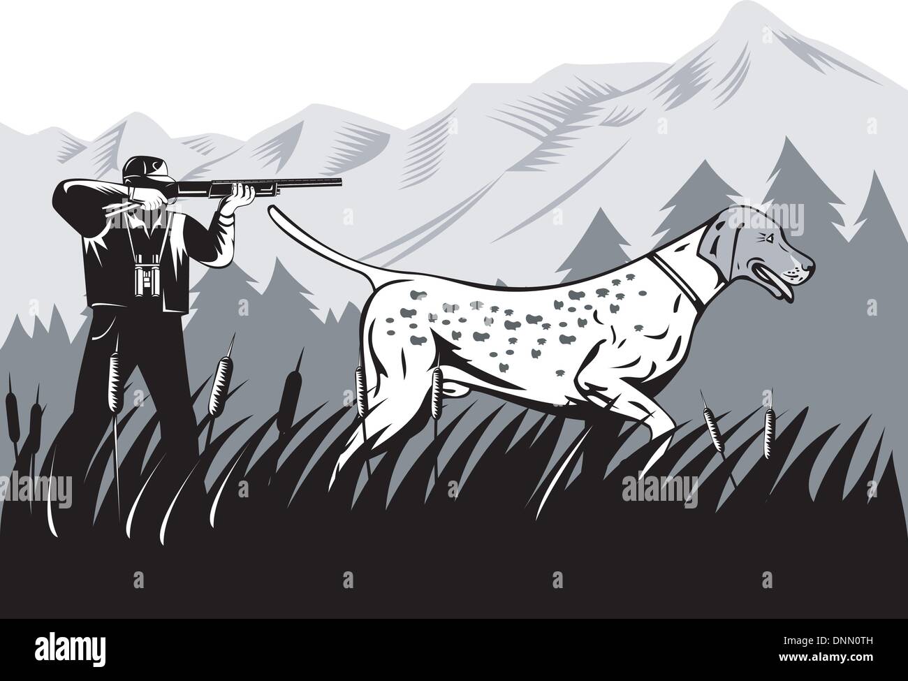 illustration of a hunter aiming shotgun rifle gun with pointer dog done ...