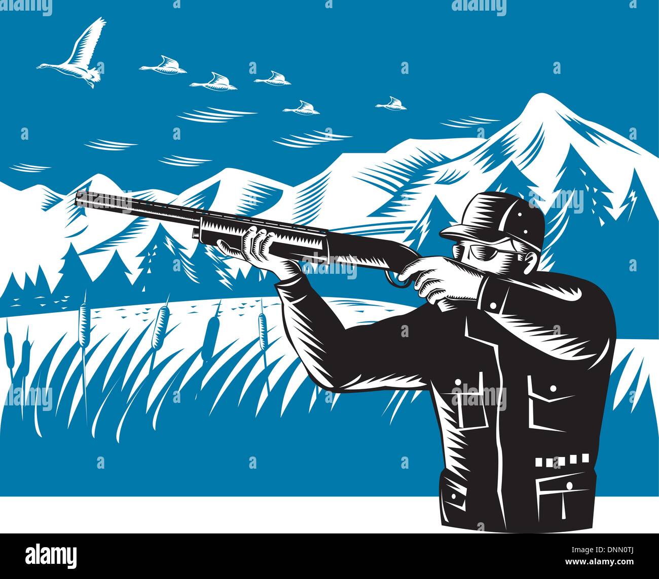 illustration of a hunter aiming shotgun rifle gun at game bird duck ...