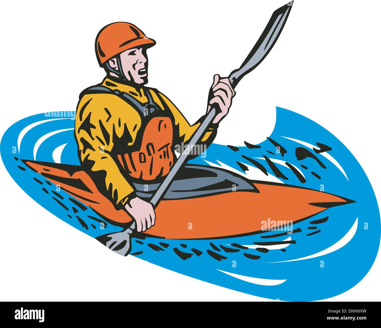 Illustration of man on kayak paddling side view set in white background ...