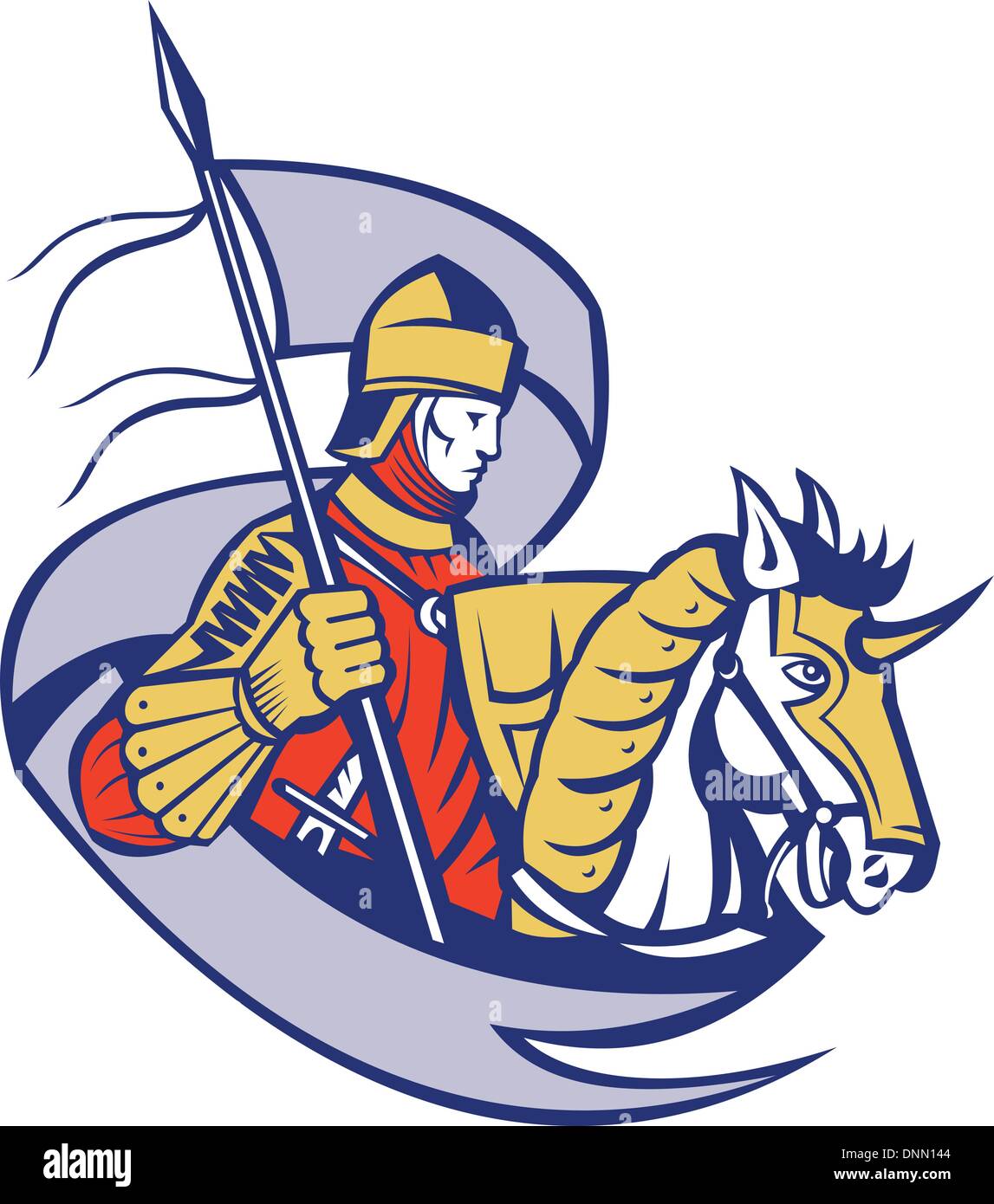 Illustration of knight in full armor with flag banner and shield riding ...