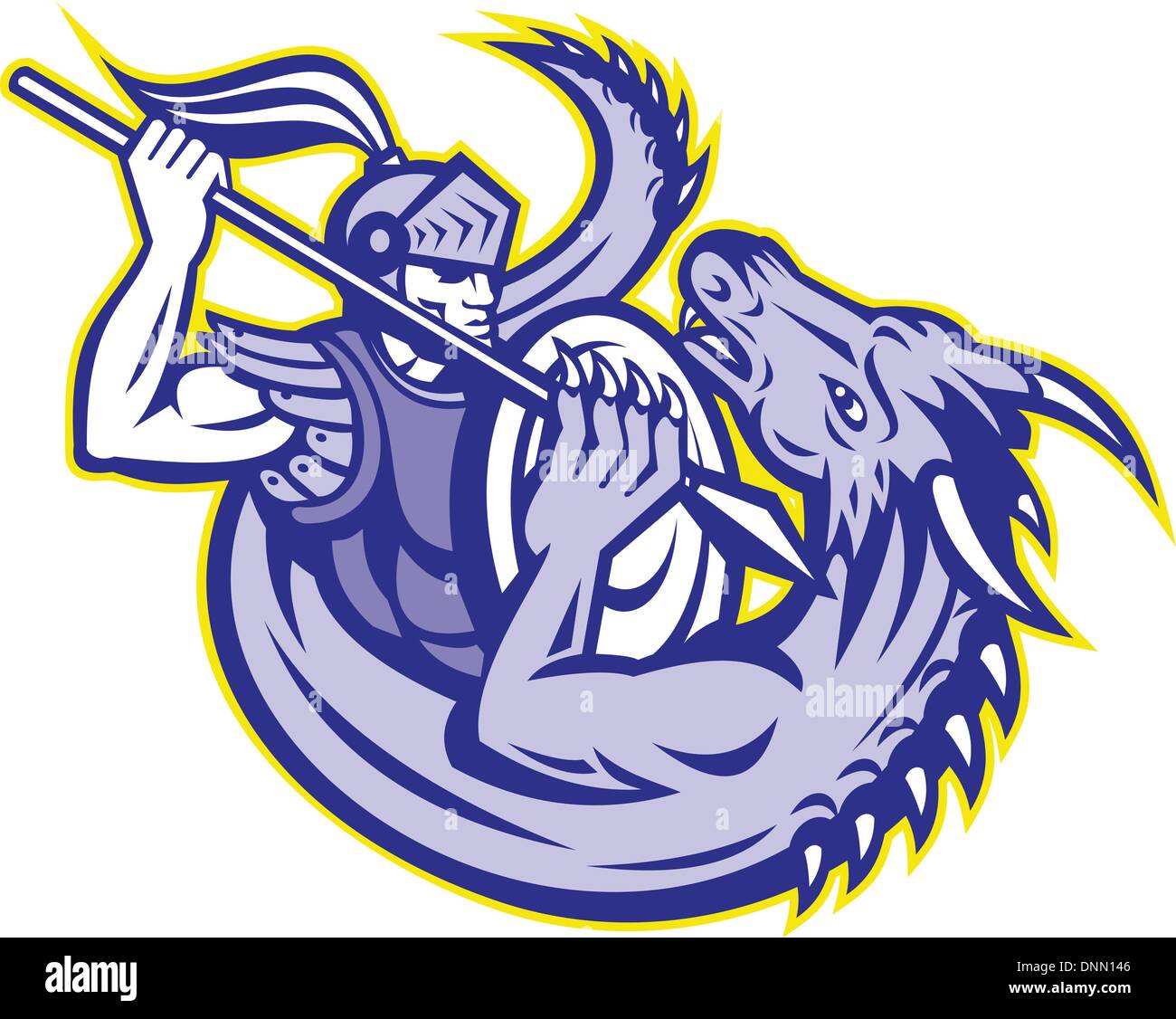 illustration of St. George the knight fighting a dragon with spear and ...