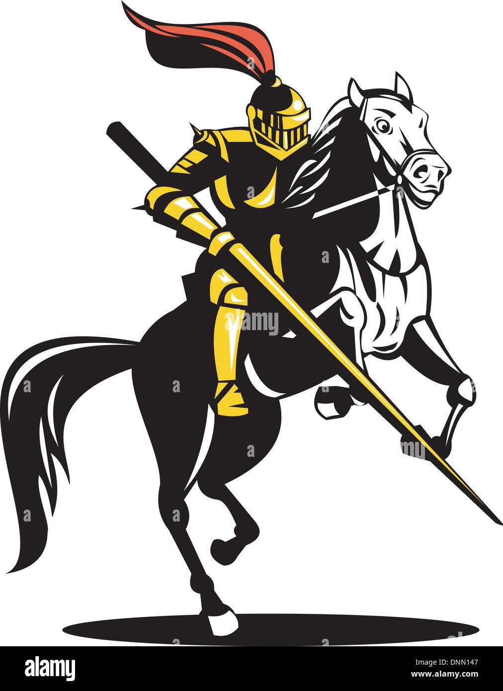 Illustration of knight in full armor on a horse brandishing a sword ...