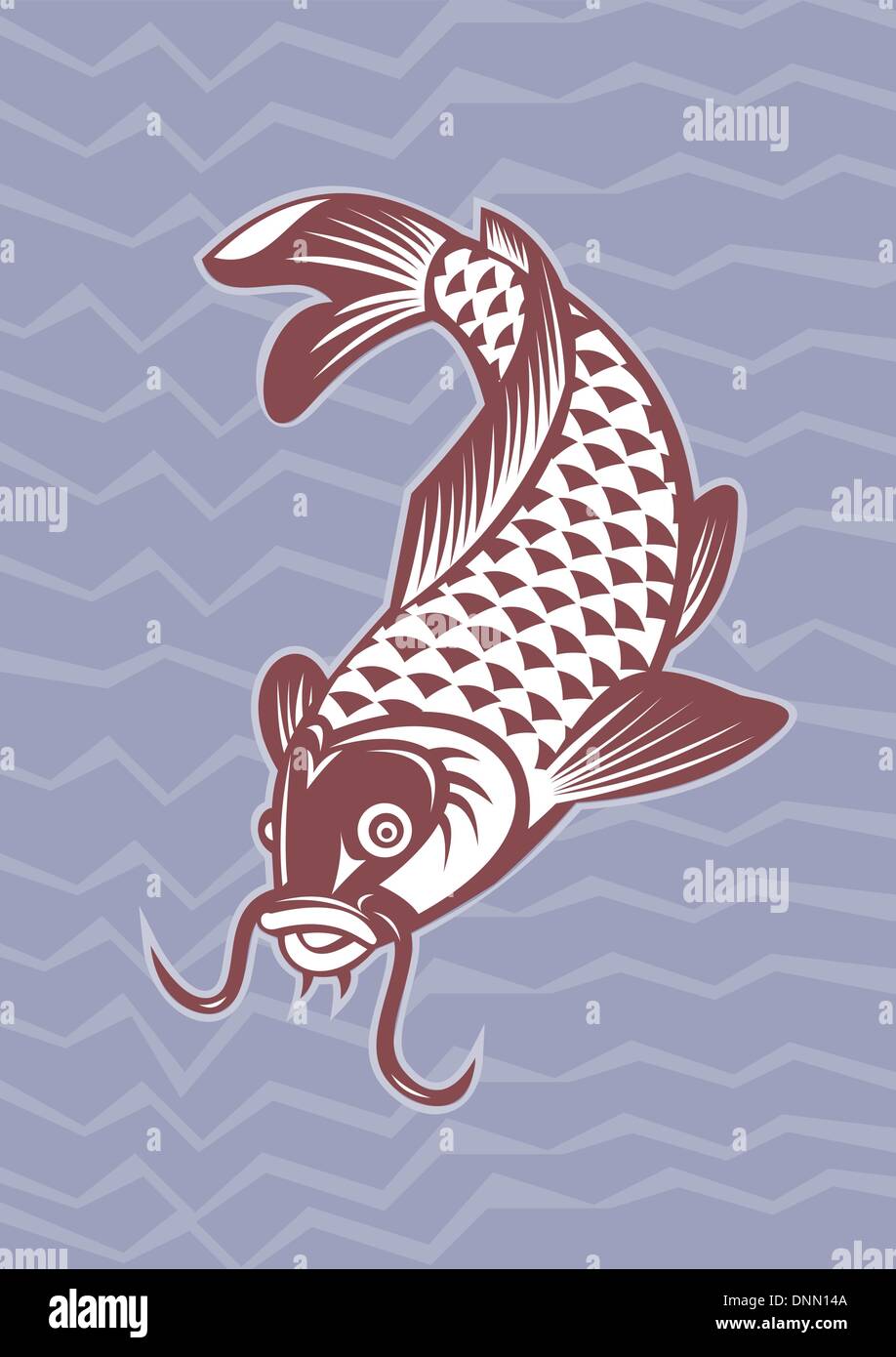 illustration of a Koi carp swimming down with wave pattern in ...