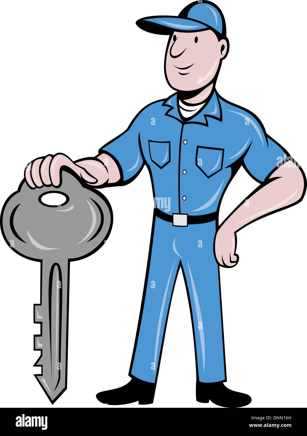 illustration of a locksmith standing front view with key isolated on ...