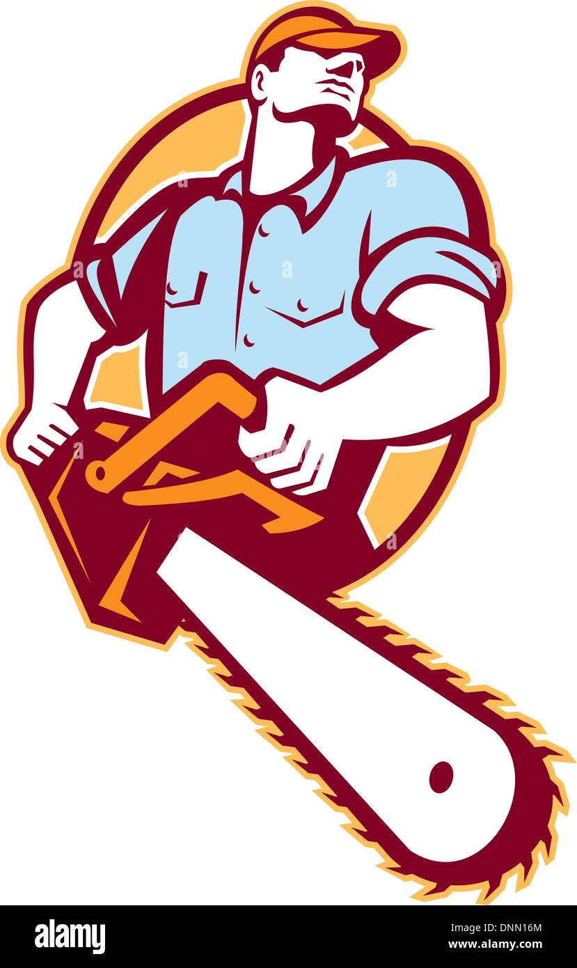 Illustration of lumberjack arborist tree surgeon holding a chainsaw set ...