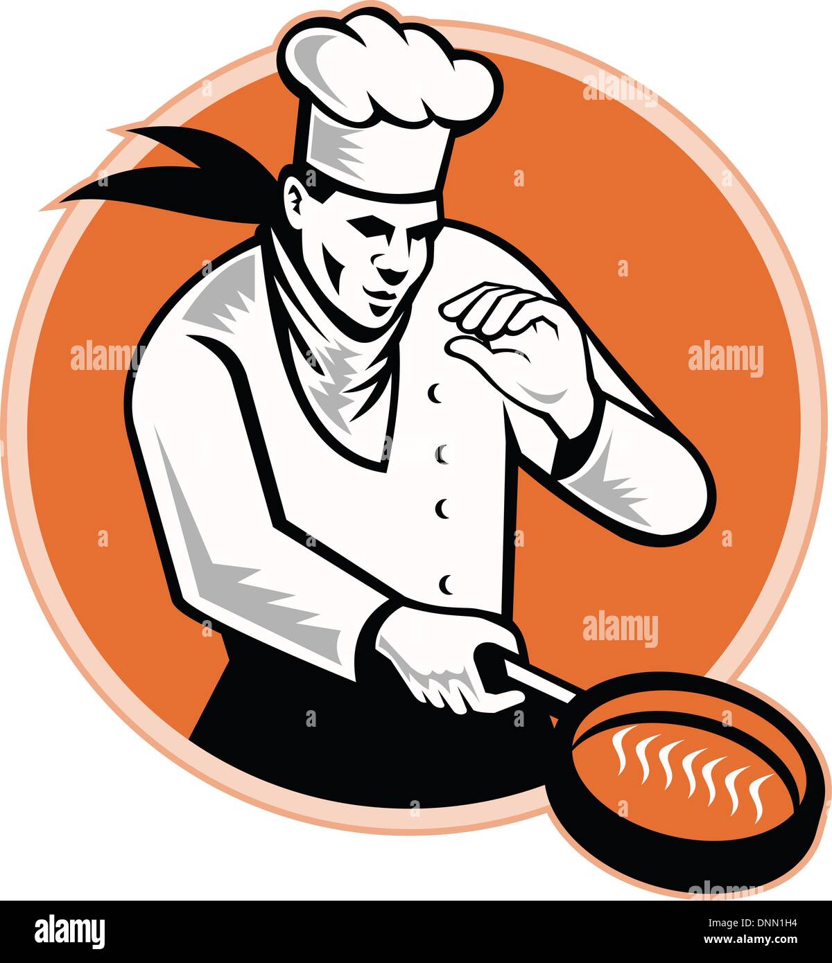 Retro illustration of a chef cook cooking with frying pan set inside ...