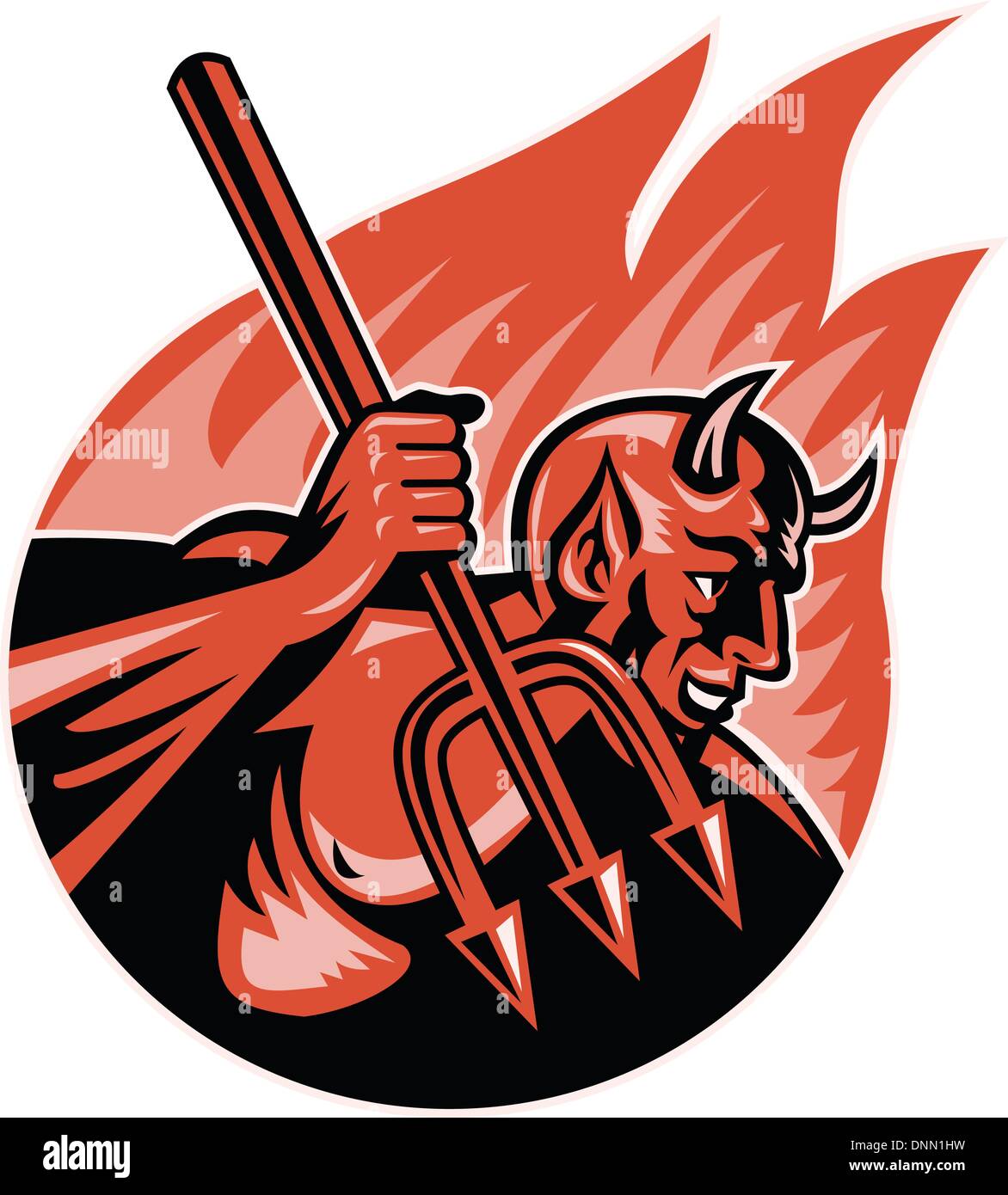 Retro illustration of a devil demon with trident pitchfork set inside ...