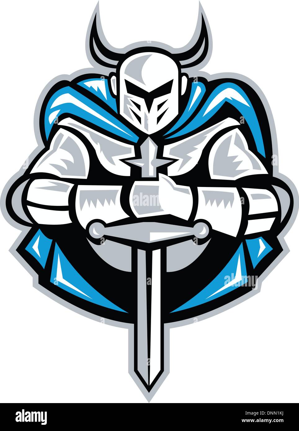 Illustration of a knight with sword facing front done in retro woodcut ...