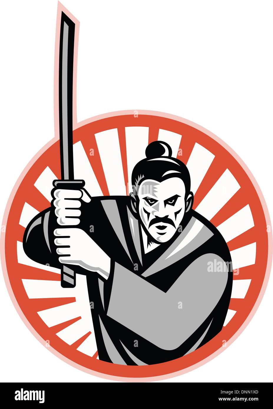 Illustration of a samurai warrior facing front with katana sword set ...