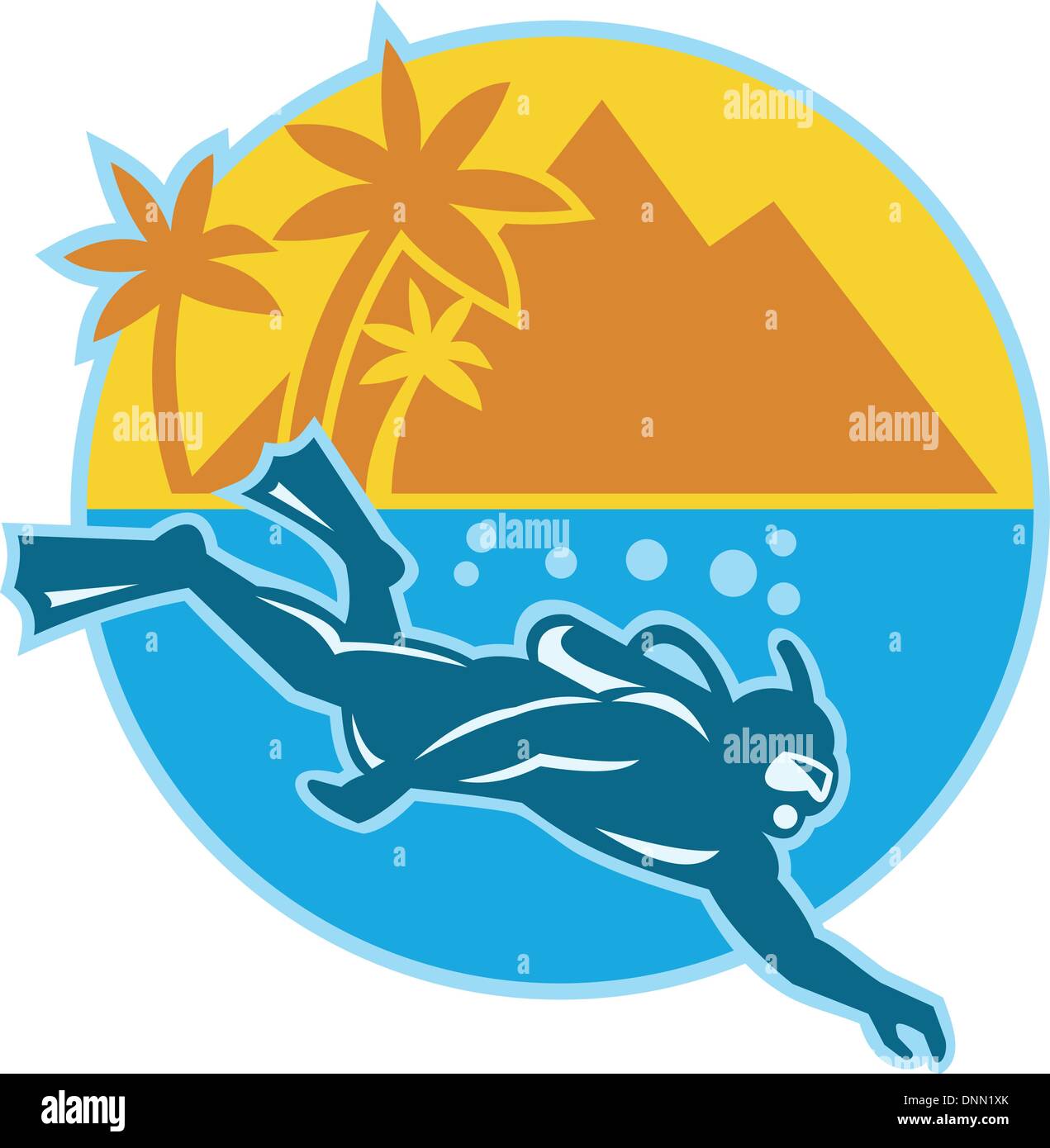 Illustration of a scuba diver diving underwater with island mountain ...