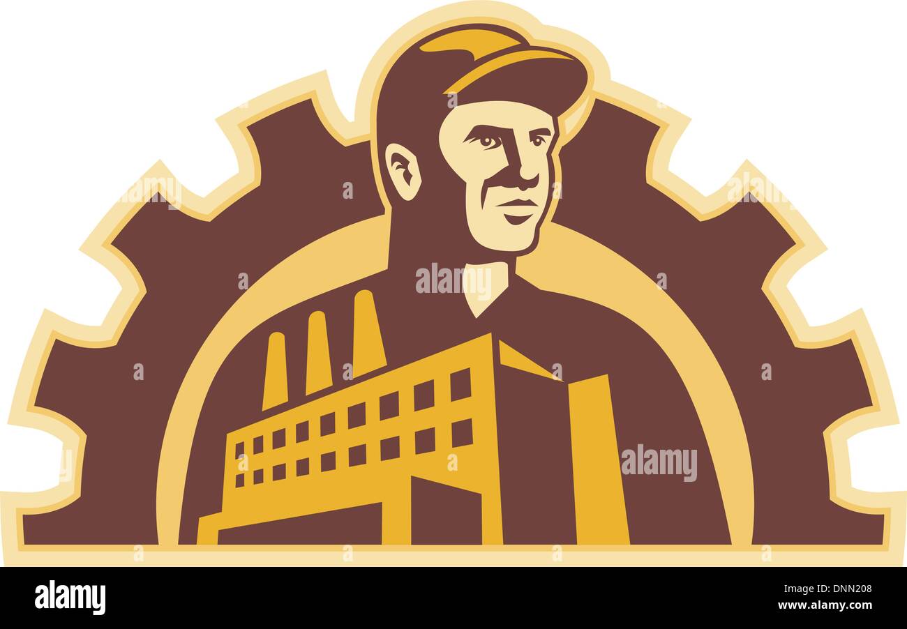 Illustration of a factory worker with factory building and mechanical ...