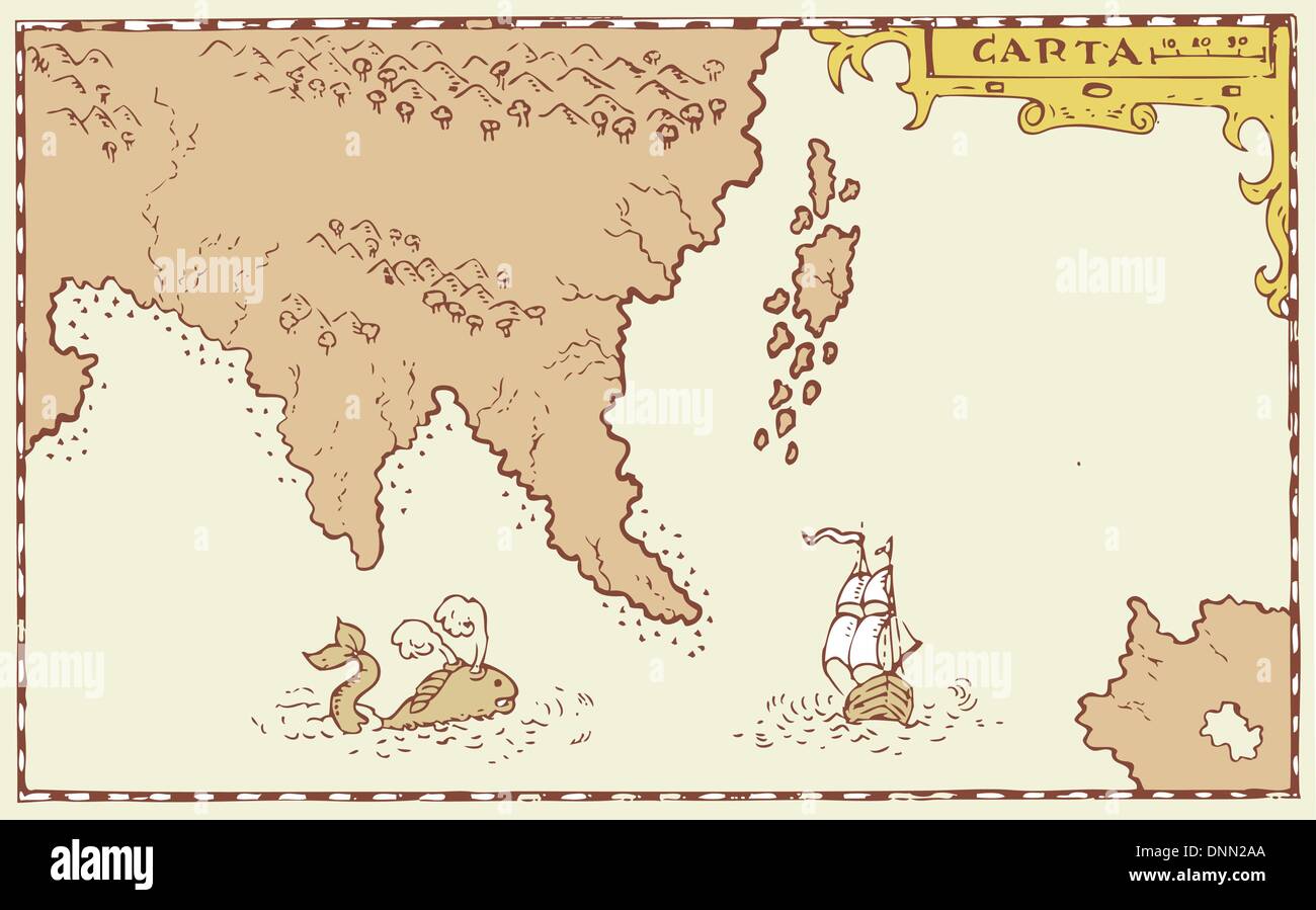 Illustration of a treasure map showing island with coast and compass ...