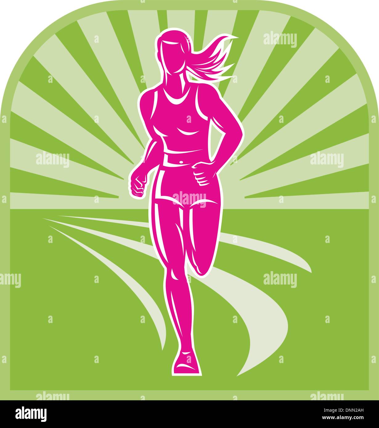illustration of a female marathon runner front view with sunburst in ...