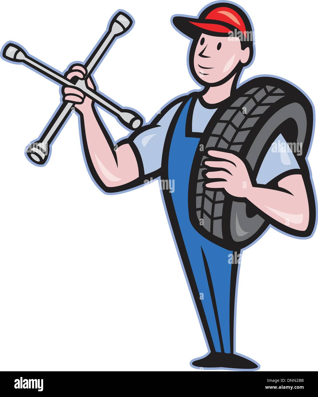 Illustration of a mechanic with tire socket wrench and tire standing ...