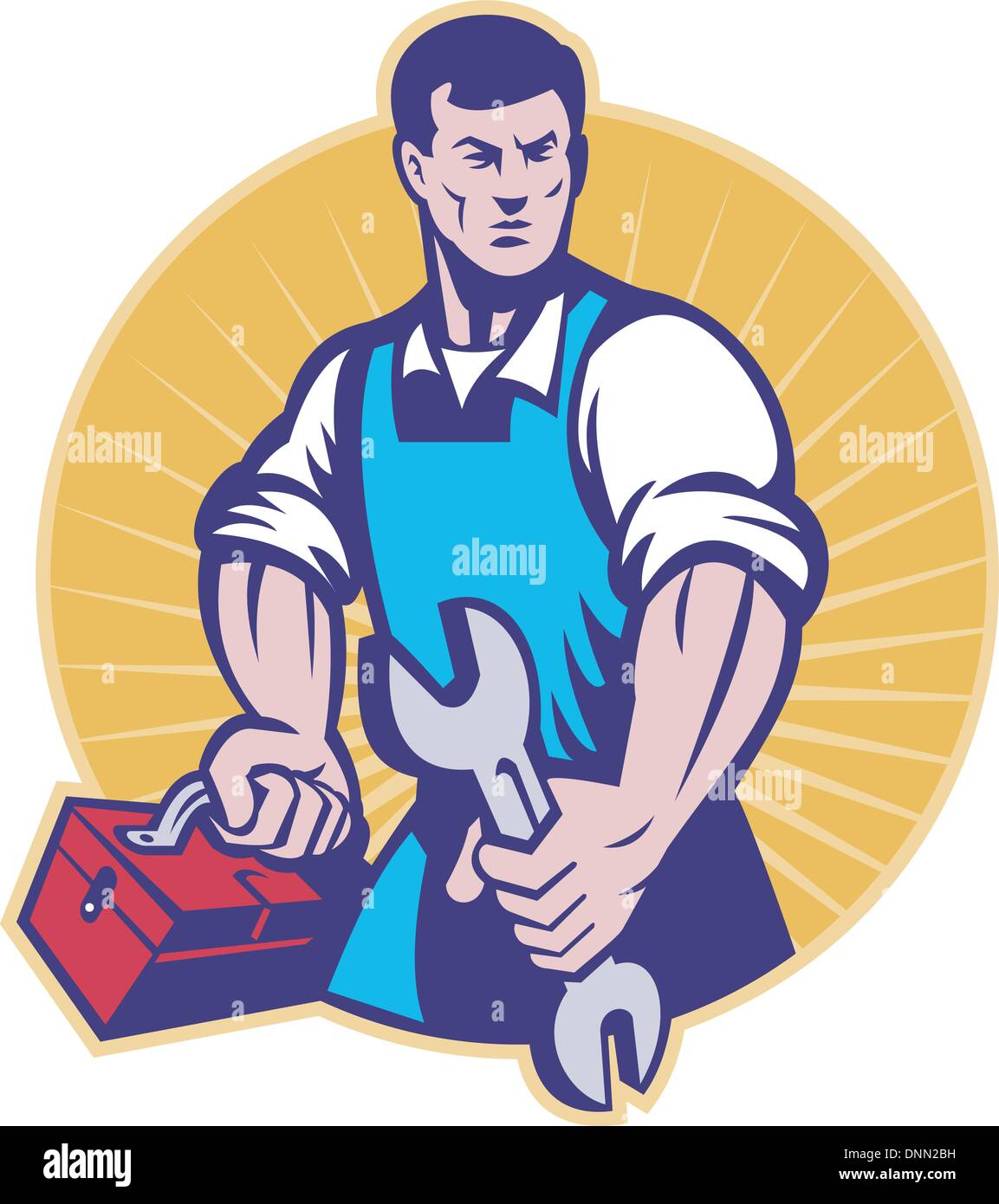 illustration of a mechanic with toolbox and wrench spanner done in ...