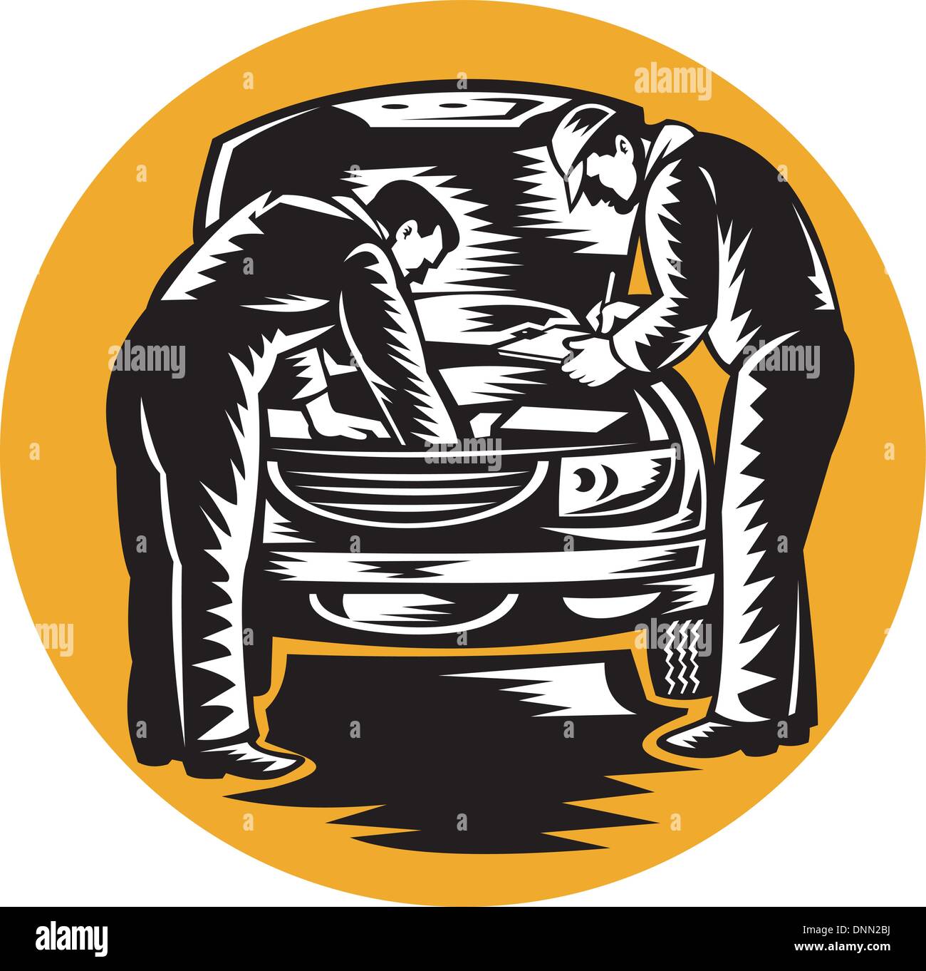 illustration of automobile car mechanic repairing vehicle done in retro ...