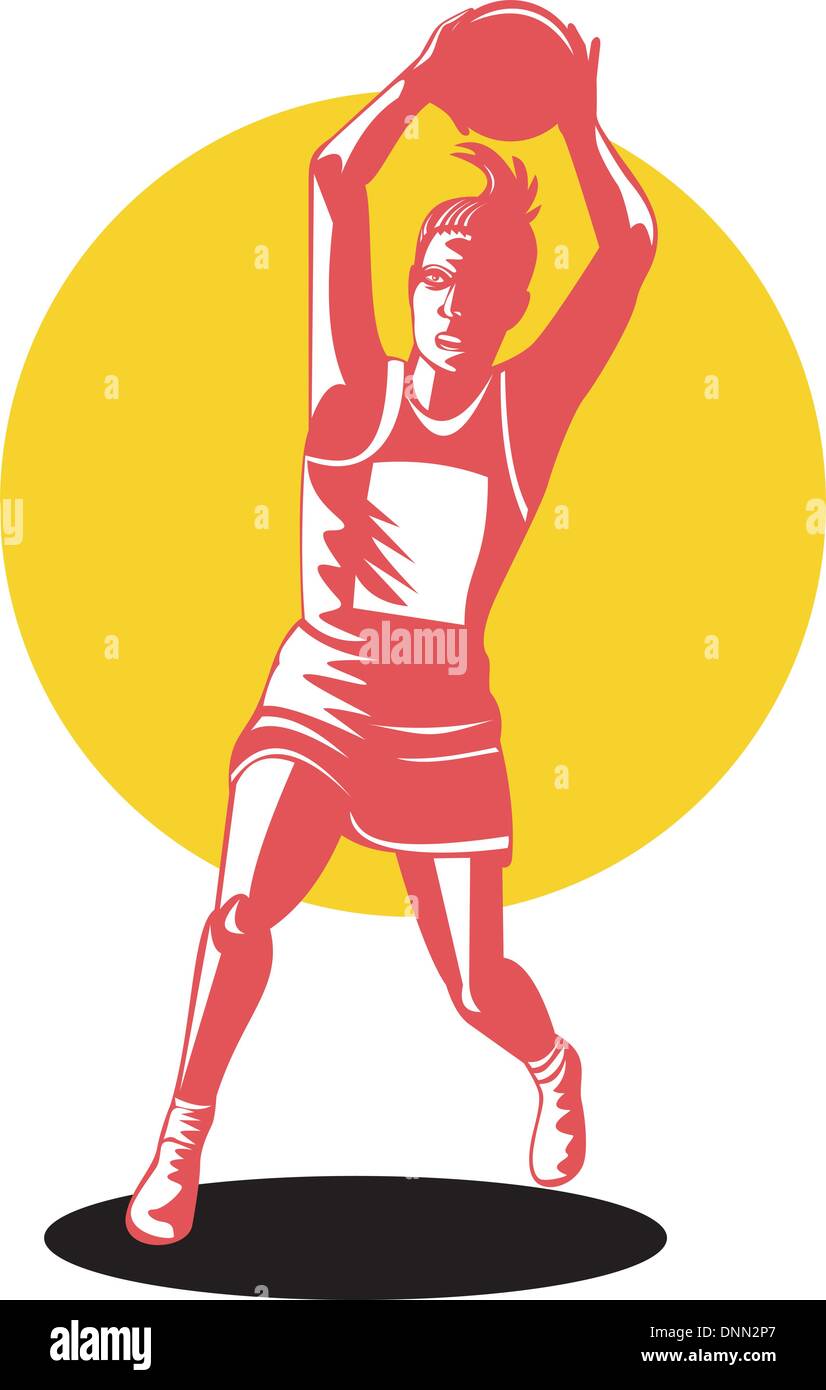 Illustration of a netball player passing done in retro style Stock ...