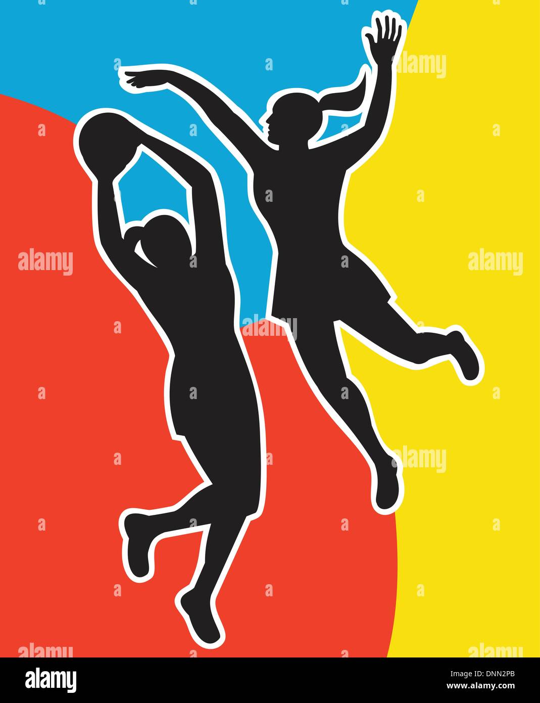 illustration of two netball players silhouette jumping shooting ...