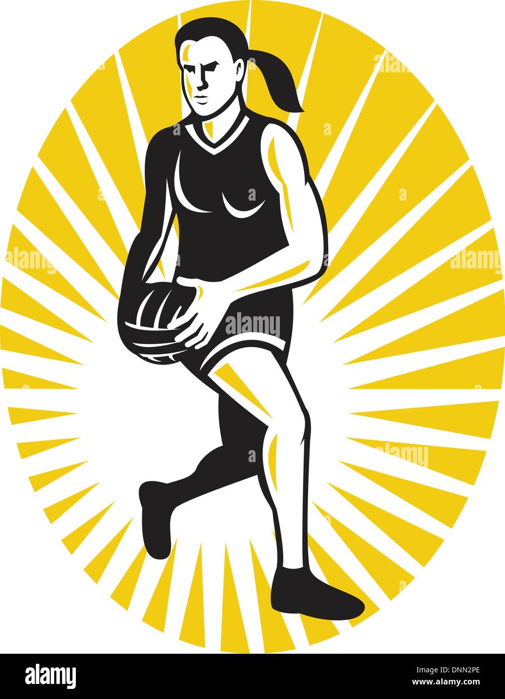 illustration of a netball player running with the ball set inside oval ...