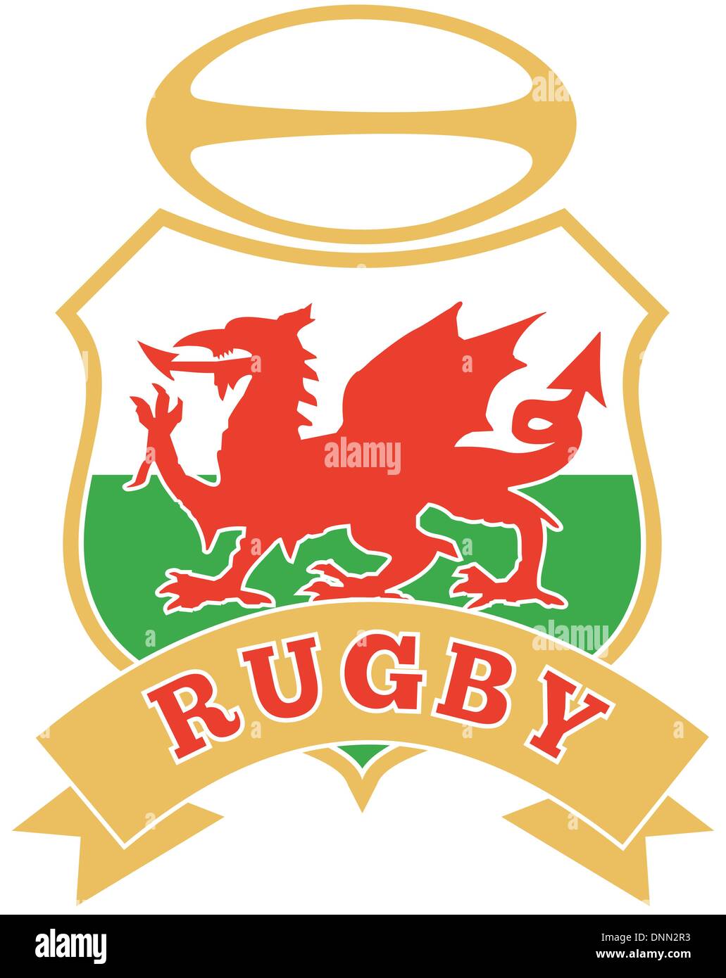 illustration of a red welsh wales dragon with rugby ball in shield on ...