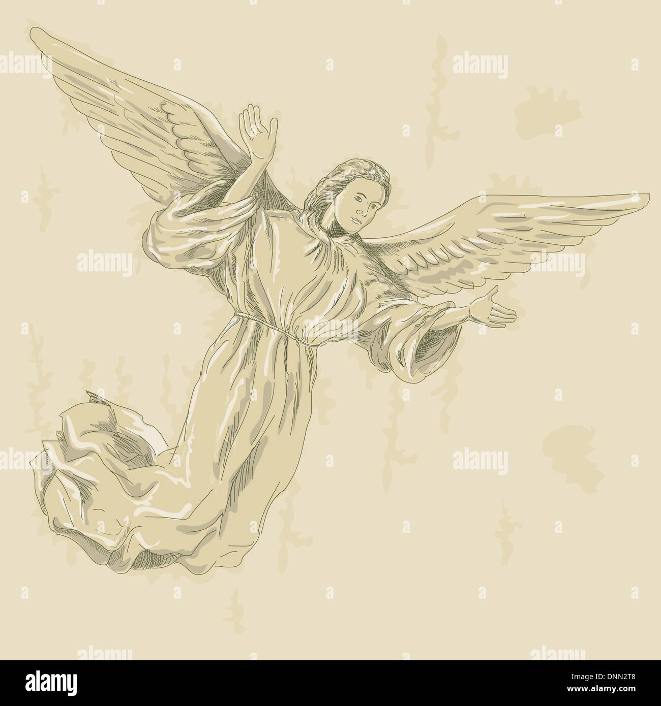 hand drawn sketched illustration of an Angel with arms spread wearing a ...