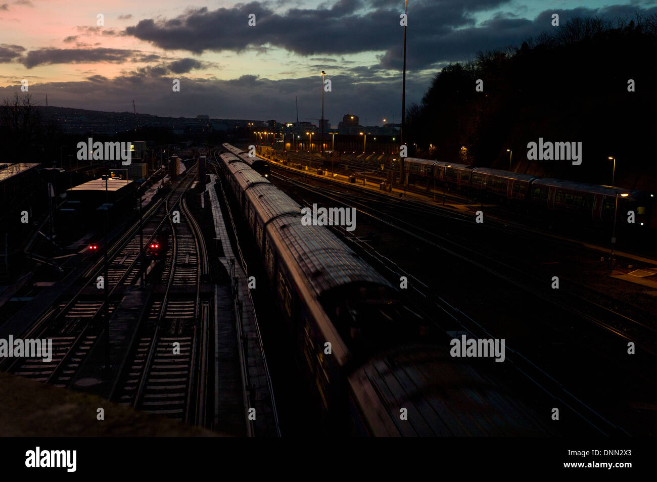 railway lines and trains,early morning Stock Photo - Alamy