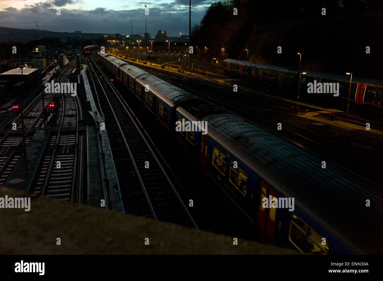 railway lines and trains,early morning Stock Photo - Alamy