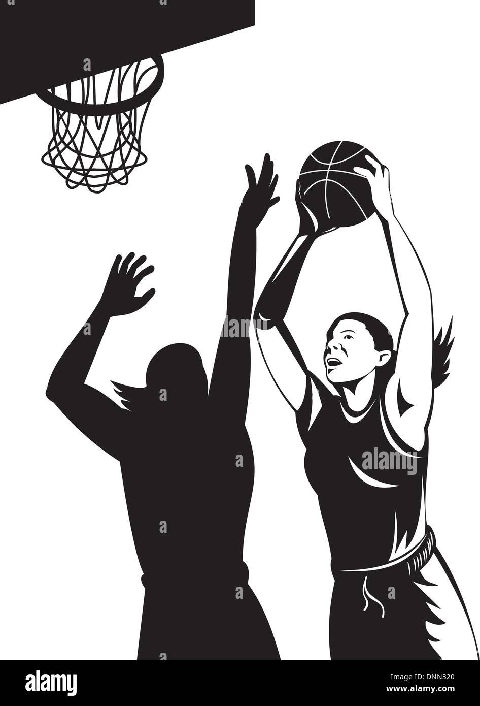 illustration of a basketball player laying up ball done in retro style ...