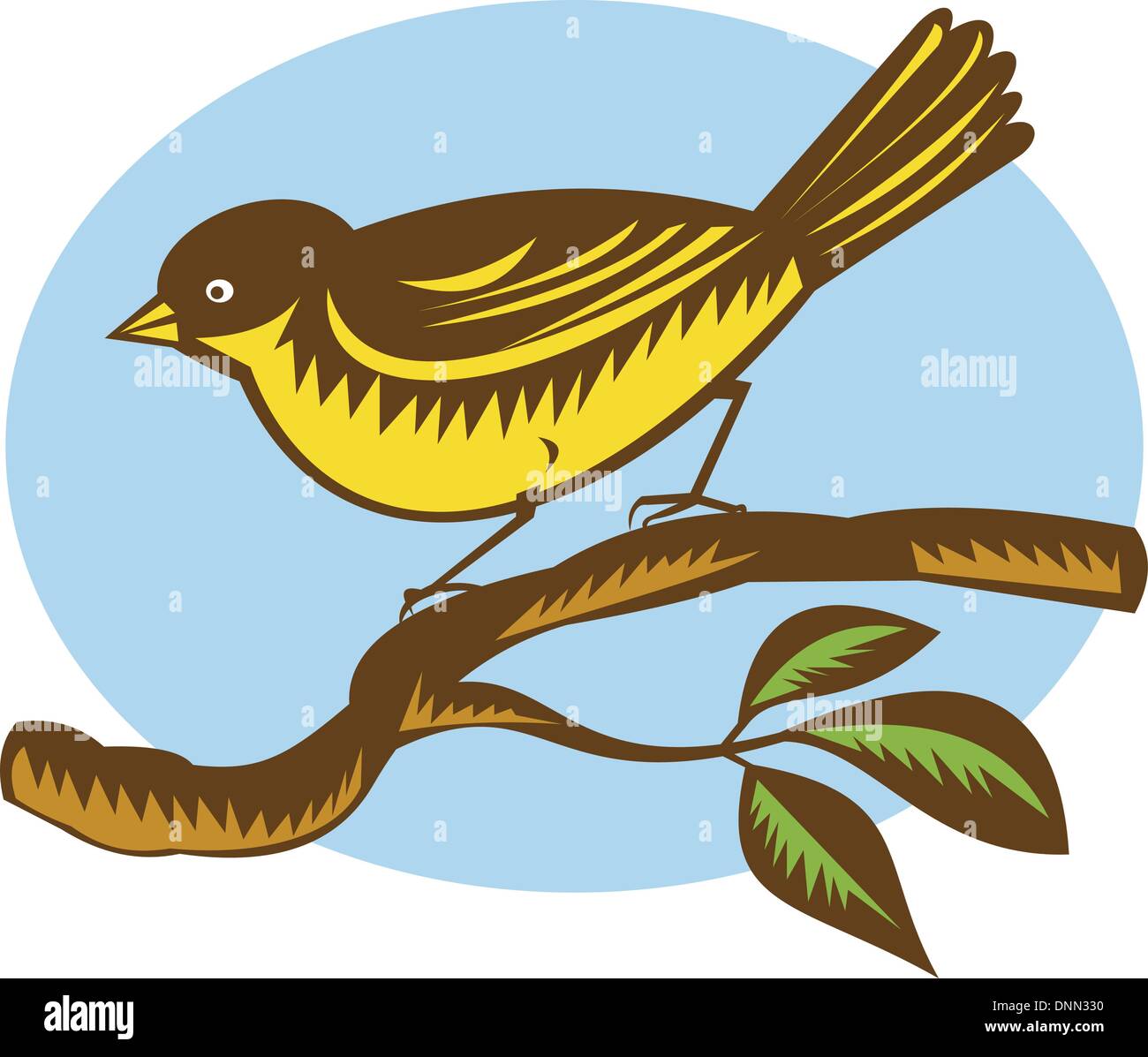 illustration of a New Zealand fantail bird on a branch done in retro ...