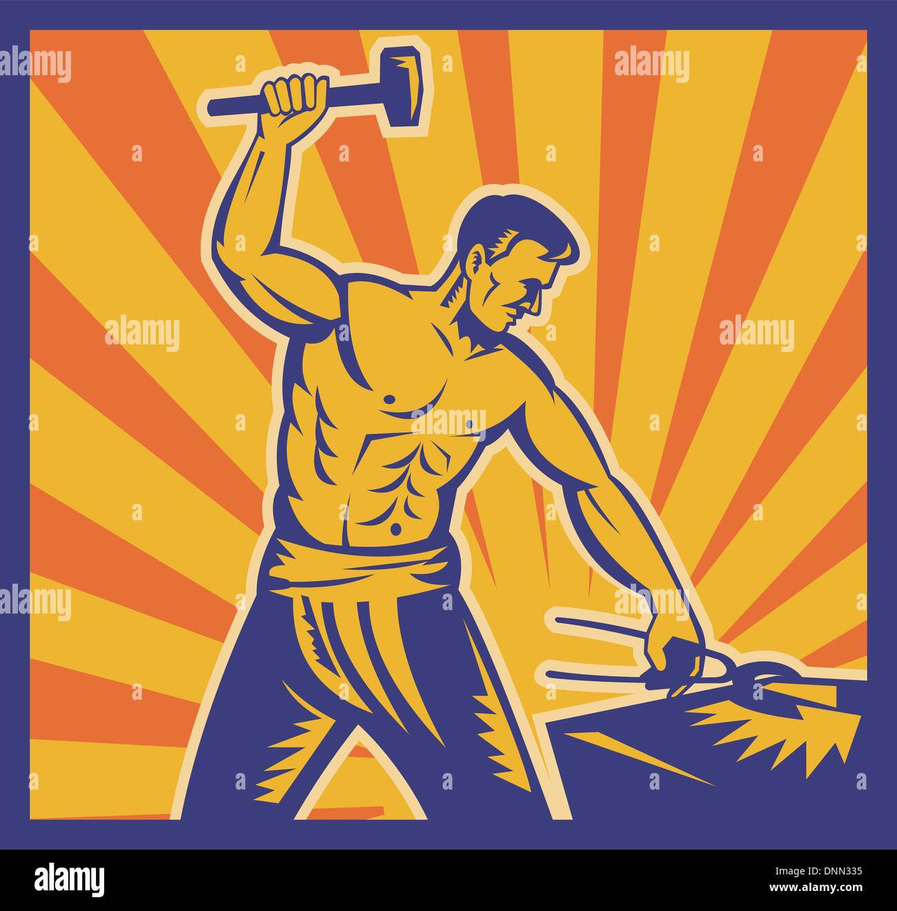 illustration of a Blacksmith at work wielding a hammer with sunburst in ...