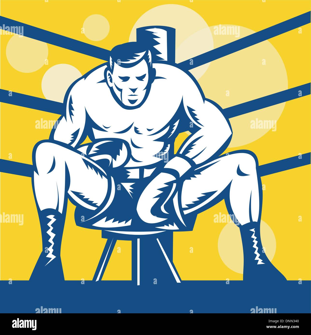 illustration of a Boxer sitting on stool front view inside boxing ring ...