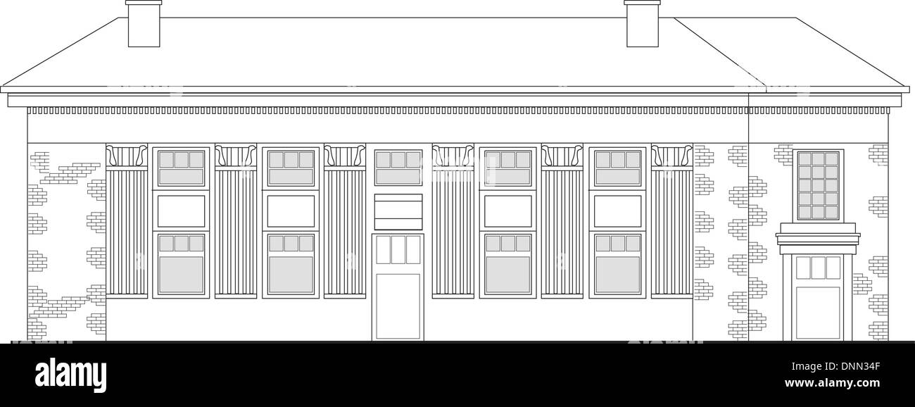 line drawing illustration of a strip mall or shopping center building ...
