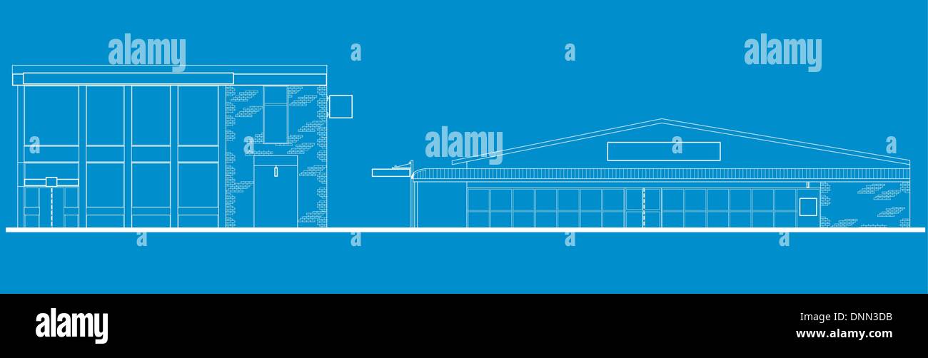 line drawing illustration of a strip mall or shopping center building ...