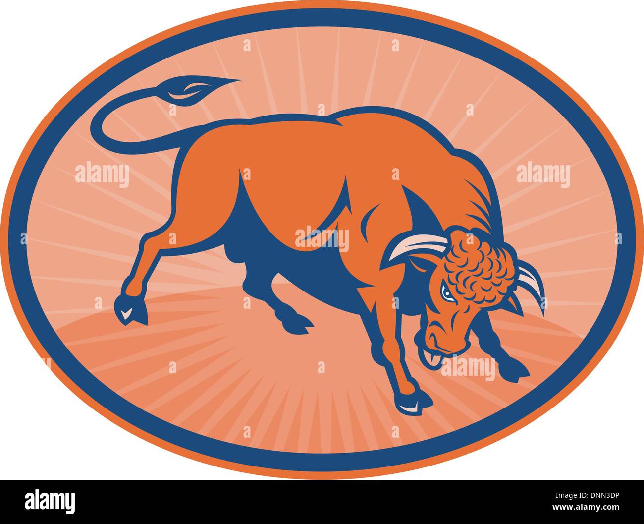 illustration of a Raging bull charging with sunburst in background ...