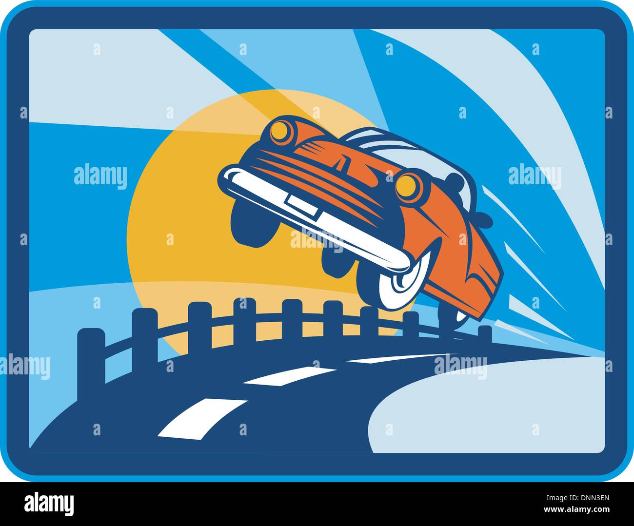 illustration of a vintage convertible car flying off the road Stock ...