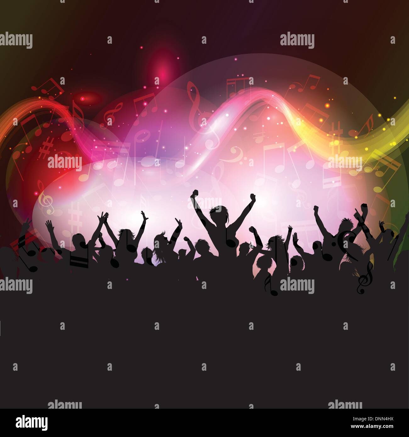Silhouette of an excited audience on a colourful music notes background ...