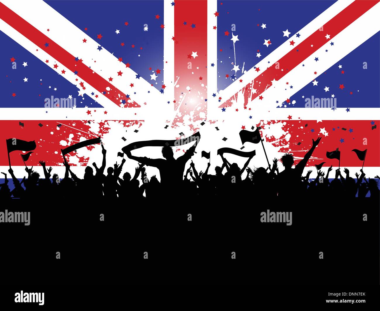 Silhouette of an excited crowd on a Grunge Union Jack Flag background ...