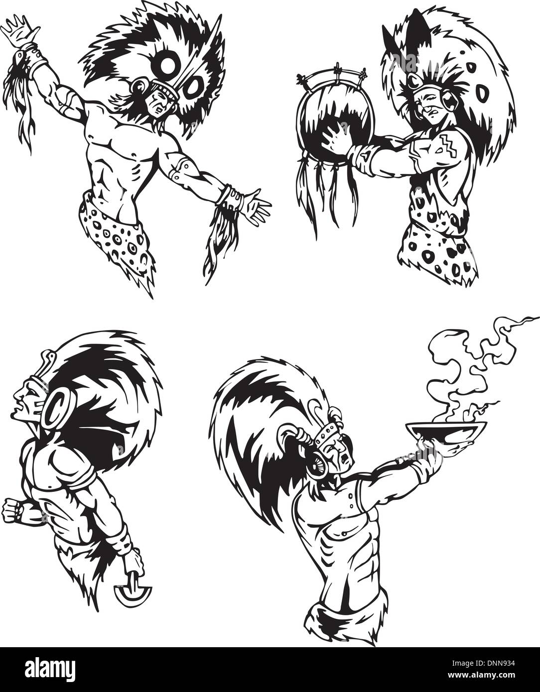 Native American Indian Shamans. Set of black and white vector ...