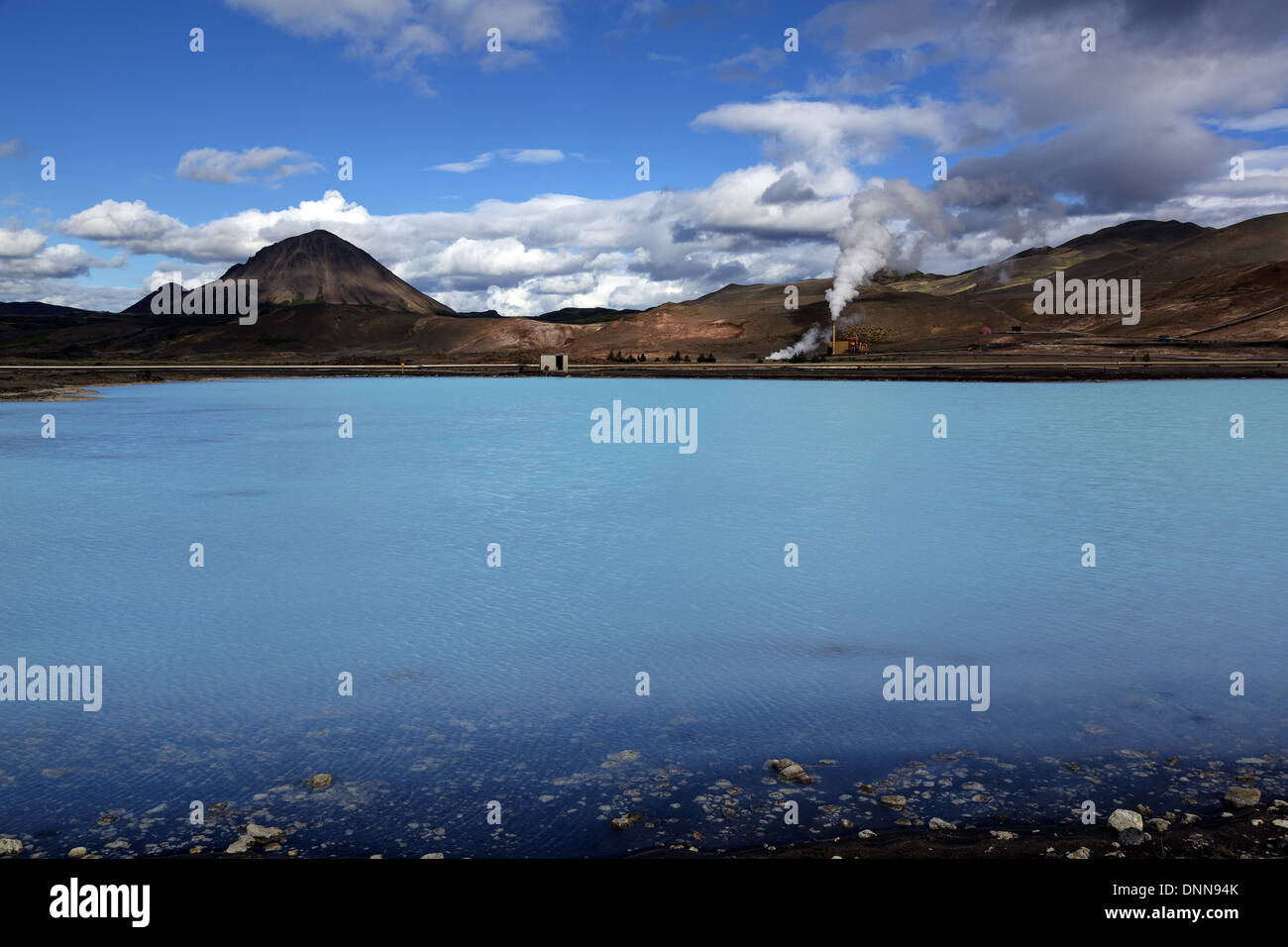 Blue pond and Bjarnarflag geothermal power plant near Namafjall in the ...