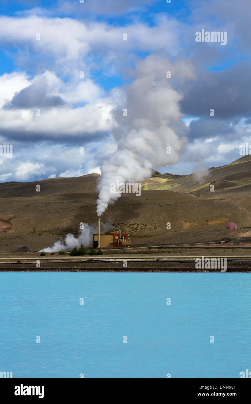 Blue pond and Bjarnarflag geothermal power plant near Namafjall in the ...
