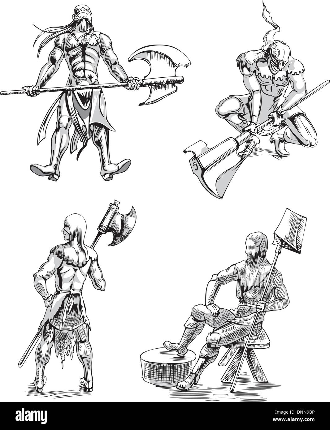 Old-Time Executioner Sketches. Set of black and white vector ...