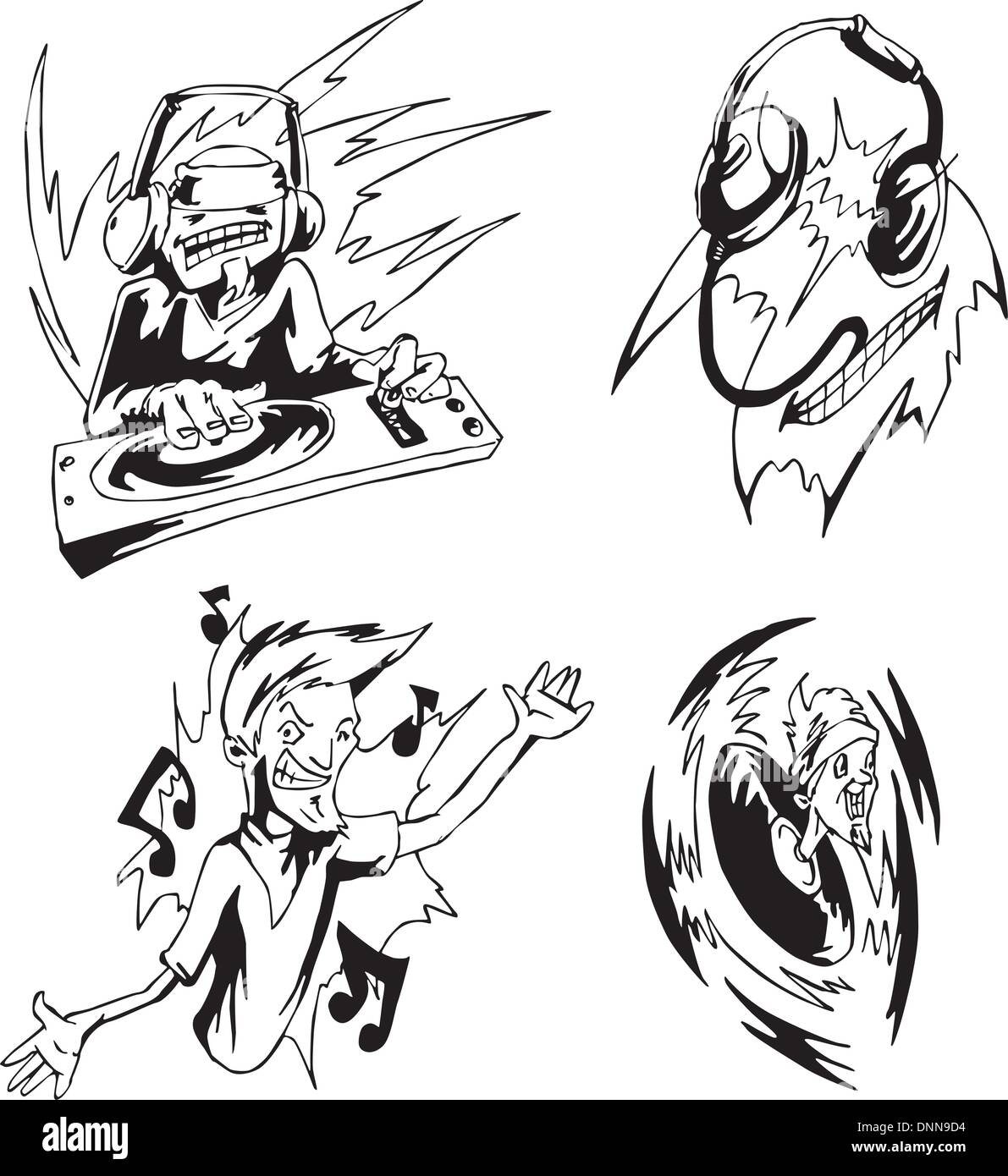 Music characters. Set of black and white vector illustrations Stock ...