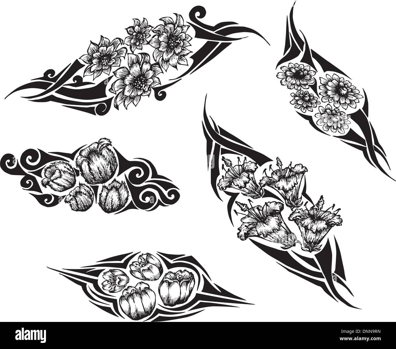 Tribal Flower Tattoos. Set of black and white vector illustrations ...