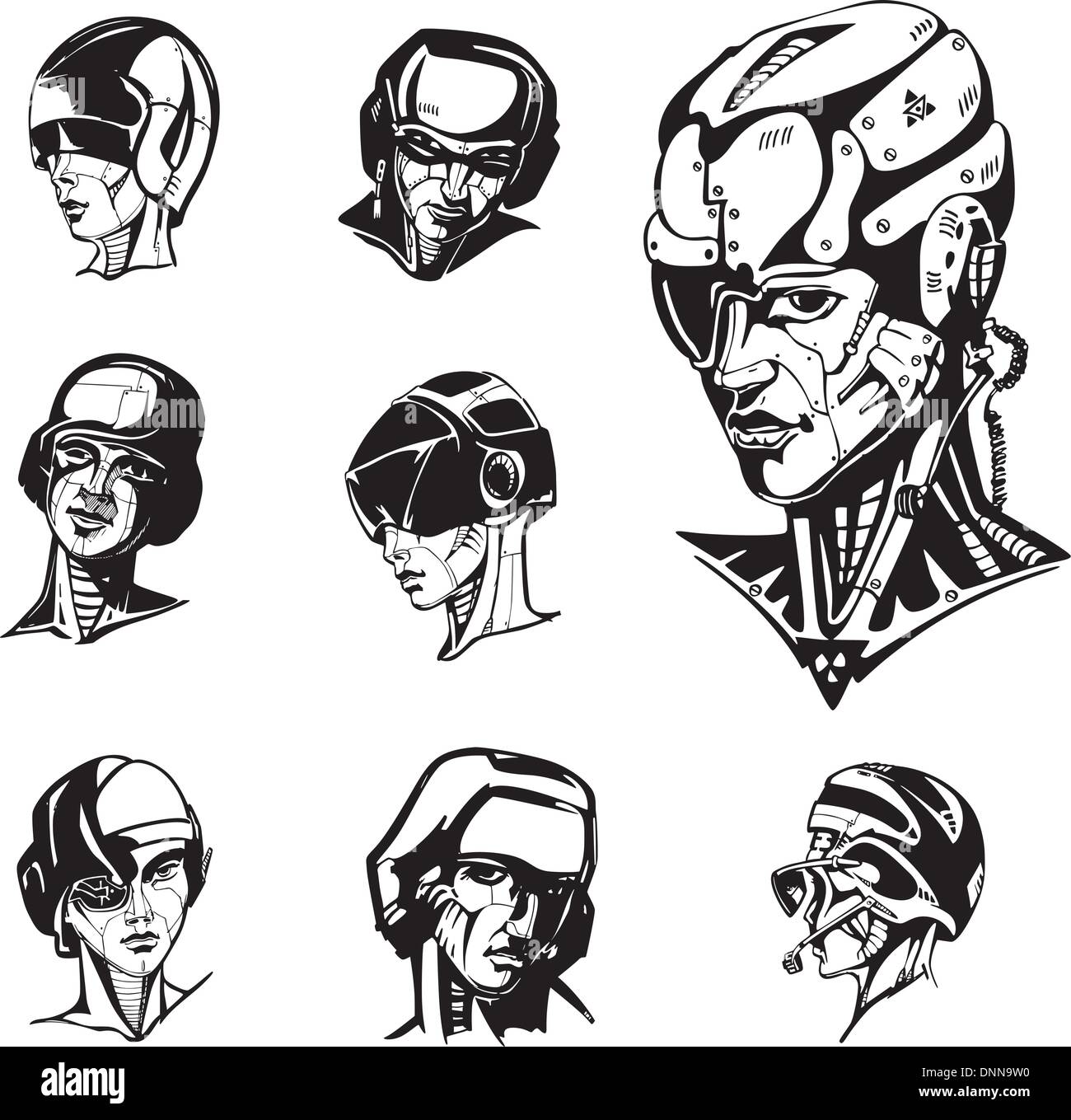 Heads of cyborg women. Set of black and white vector illustrations ...