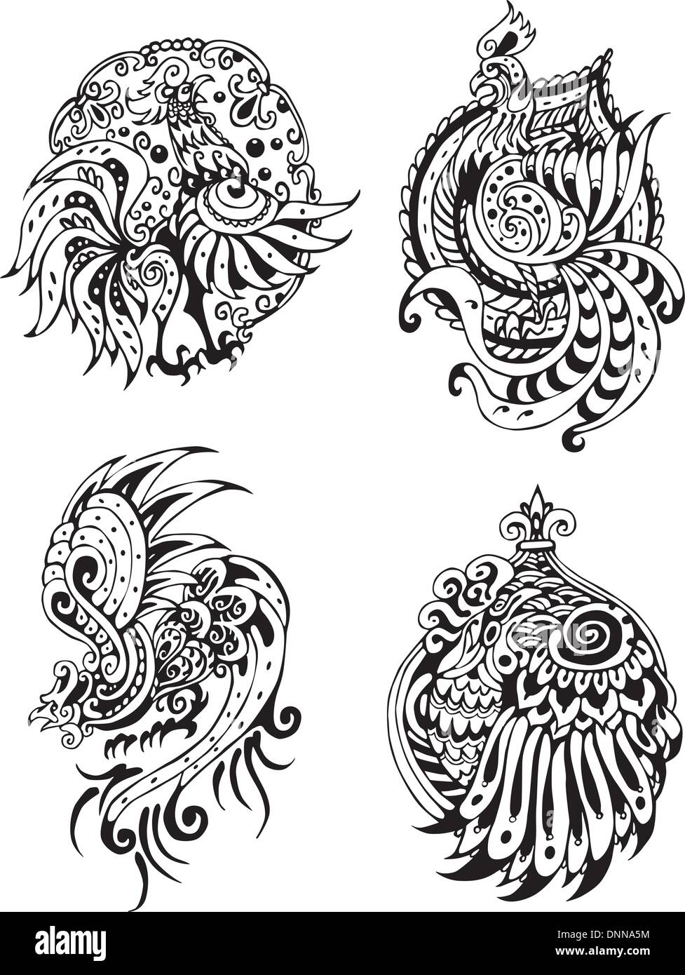 Stylized roosters. Set of black and white vector illustrations Stock ... Stylized roosters. Set of black and white vector illustrations Stock ...