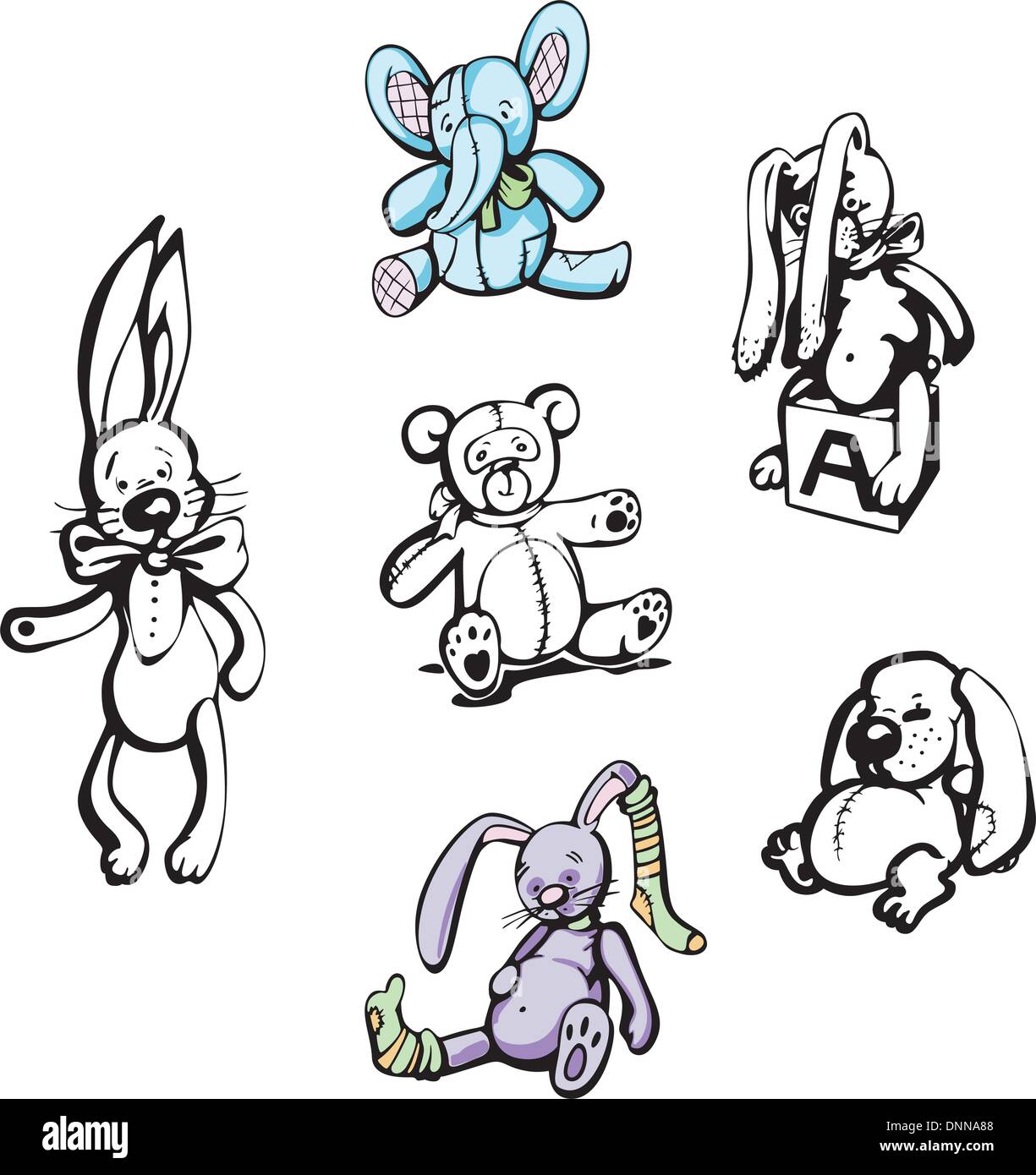 Soft child's toys. Set of color and black/white vector illustrations ...