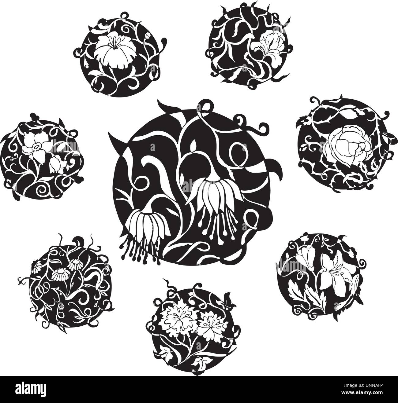 Round decorative flower dingbat designs. Set of black and white vector ...
