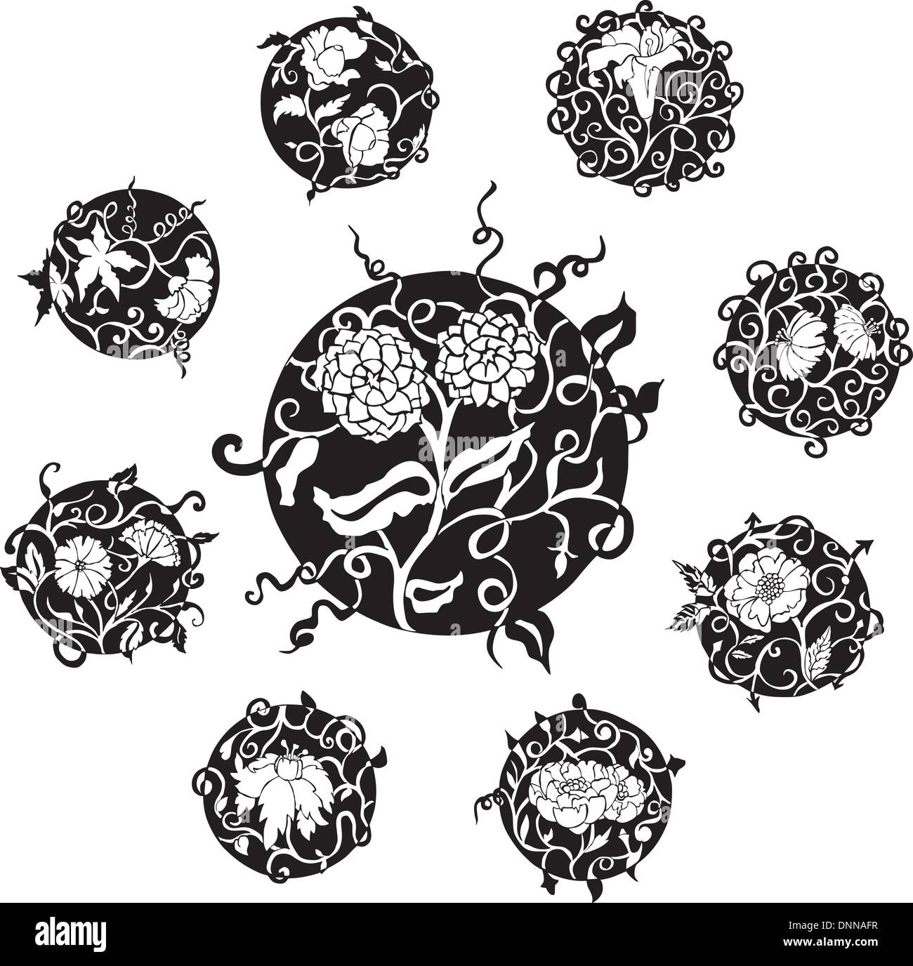Round decorative flower dingbat designs. Set of black and white vector ...