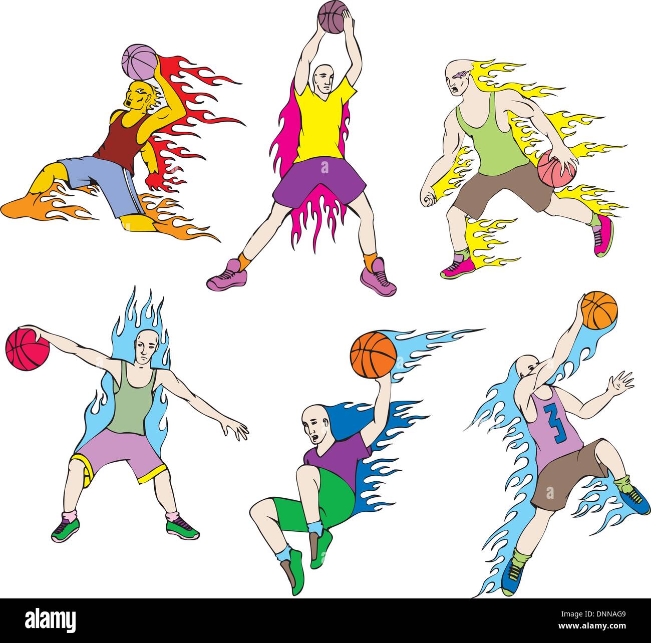 Basketball players with flames. Set of color vector illustrations Stock ...